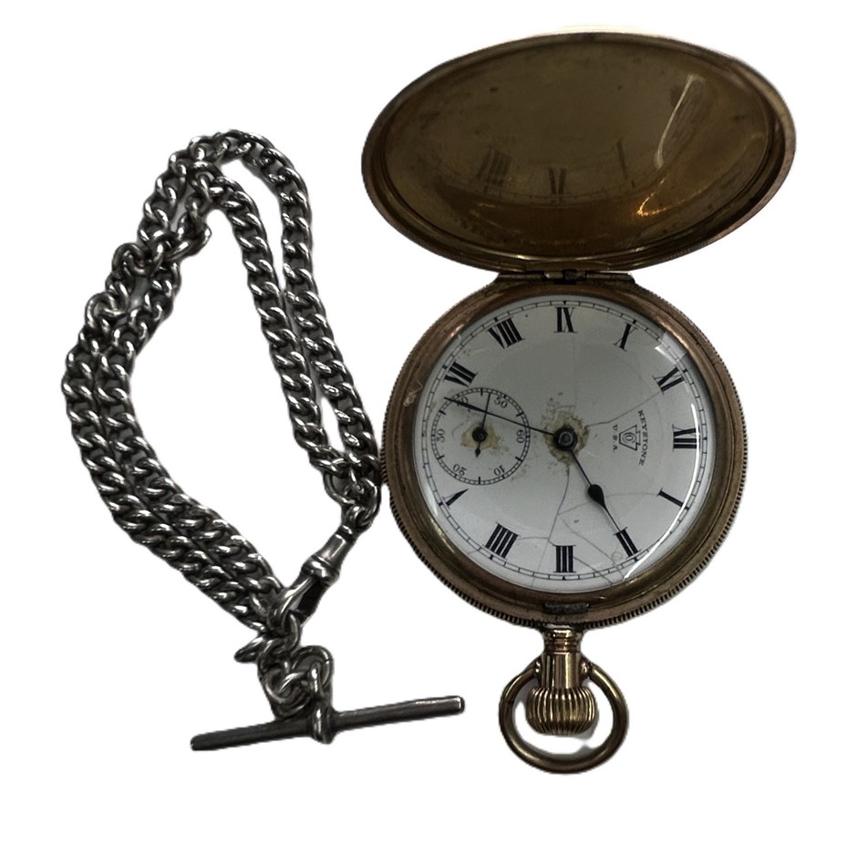 ANTIQUE KEYSTONE USA Full Hunter Pocket Watch & Sterling Silver Fob ...