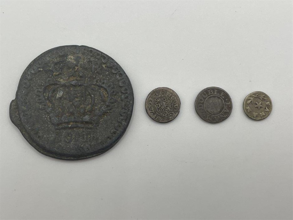 4 x India Coins. 'Two Pice' Tin Coin, 3 x silver Coins. C: 1800s ...