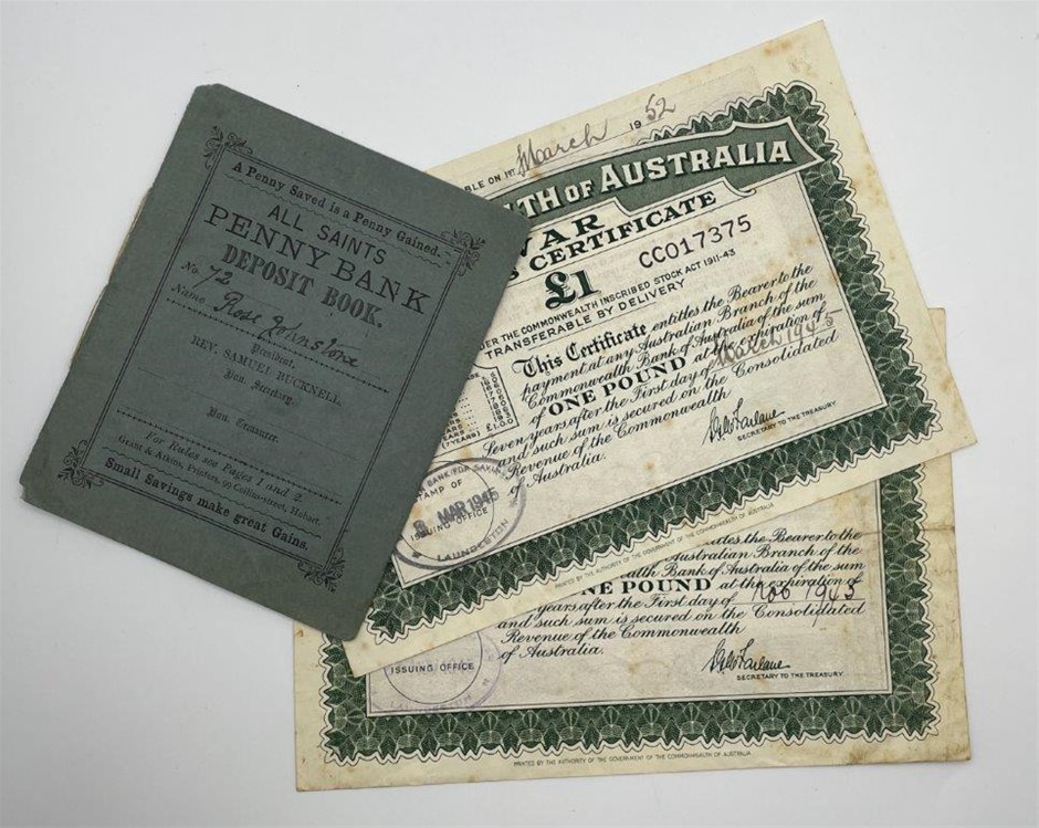 AU Bank Deposit Book C:1900, and WW2 £1 War Savings certificates C:1945 ...