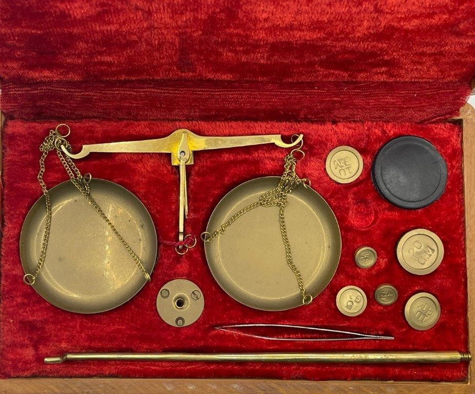 Portable hand held scale, brass beam balance with six brass weights ...