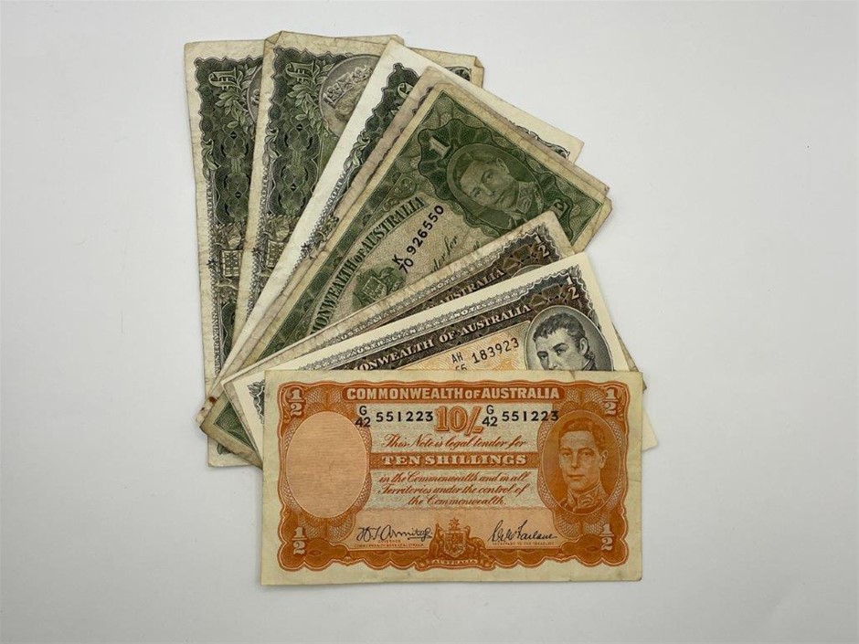 9 x Asstd Australia Paper Banknotes 10 Shillings & 1 Pound C:1940-60 ...