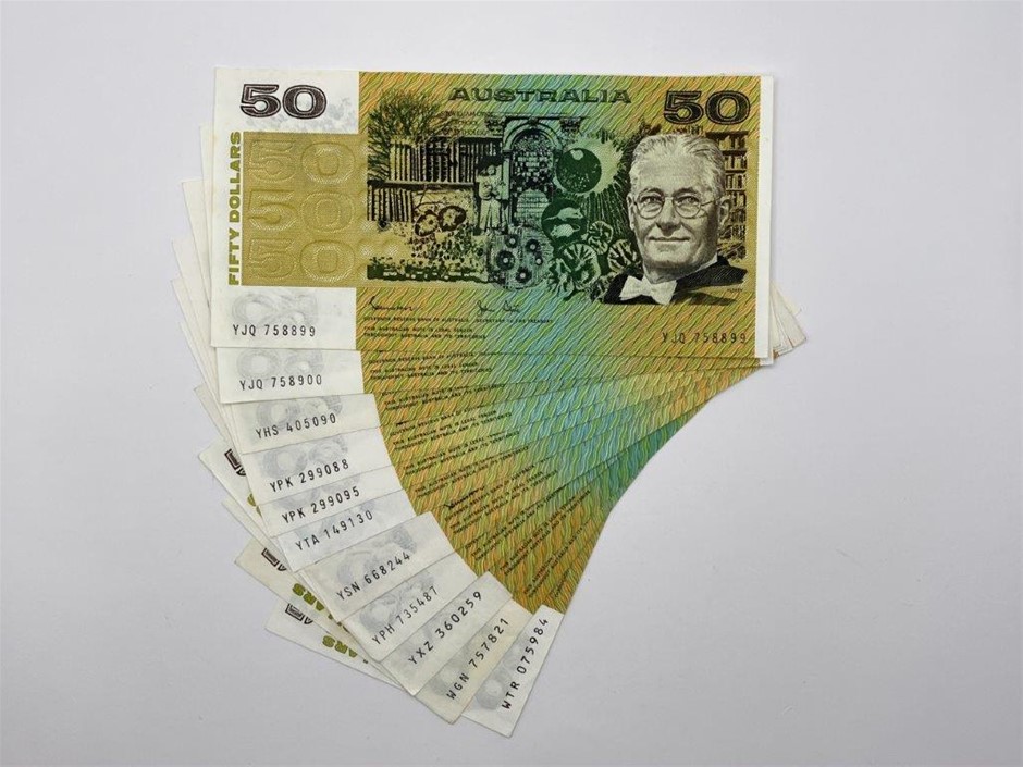 Approx. 11 x Australia 'Fifty Dollar' Paper Banknotes, Asstd prefixes ...